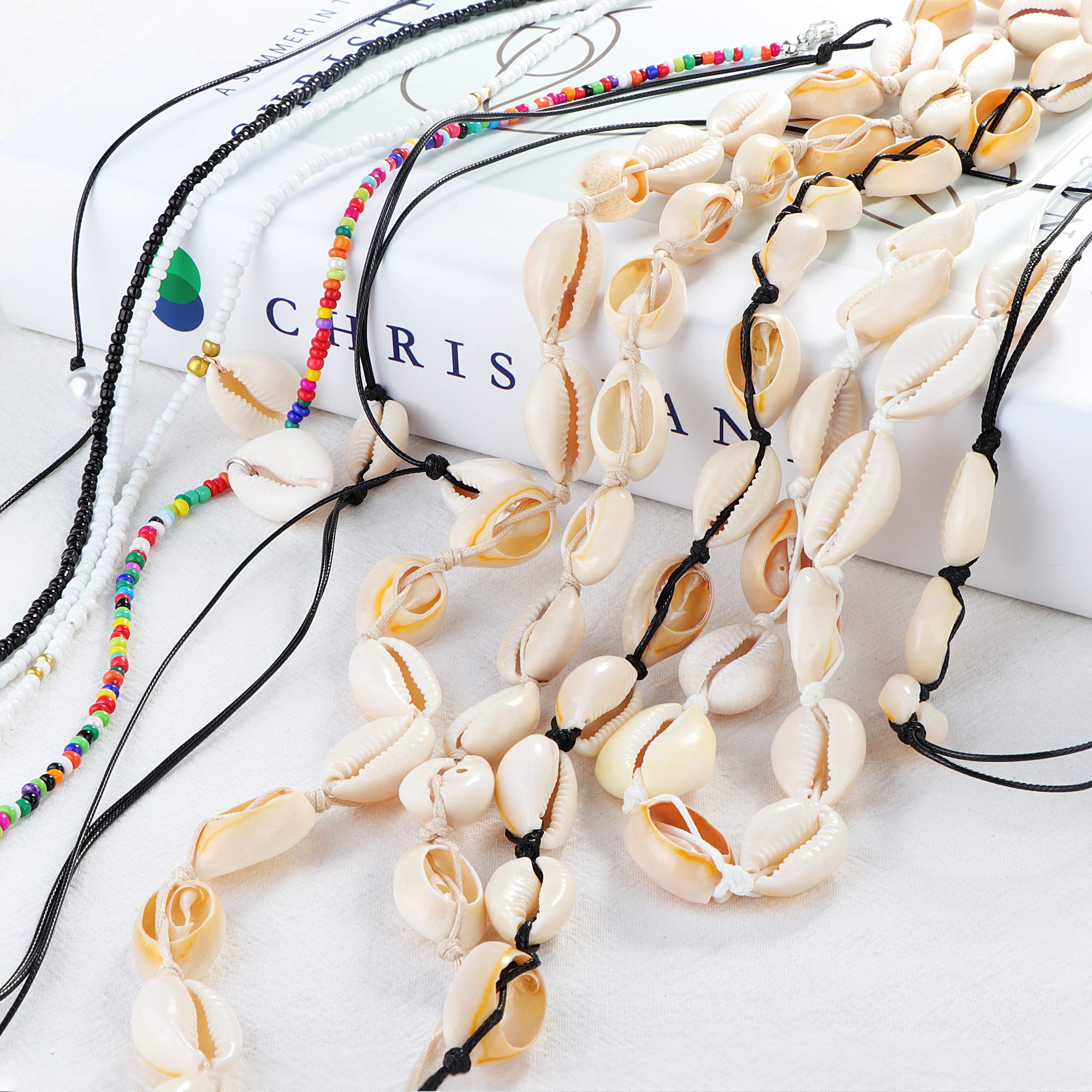 HANPABUM 12 PCS Pearl Shell Choker Necklace Adjustable Natural Cowrie Seashell Necklace Bohemian Handmade Beaded Beach Jewelry Set