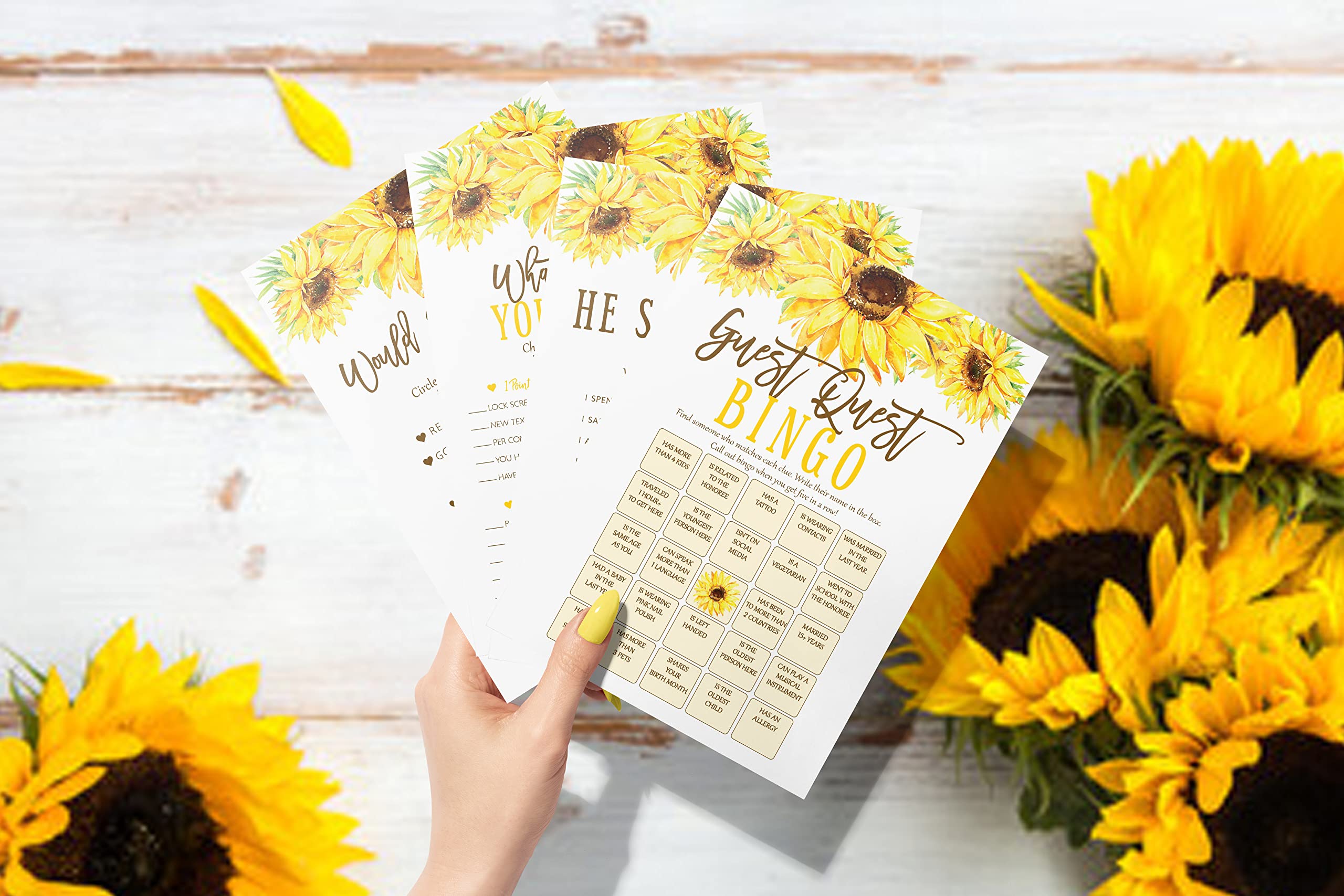 Your Main Event Prints Sunflower Bridal Shower Bachelorette Games - He Said She Said, Find The Guest Quest, Would She Rather, Phone Game - 25 Games Each, Printed Front and Back, 1 Game Per Side