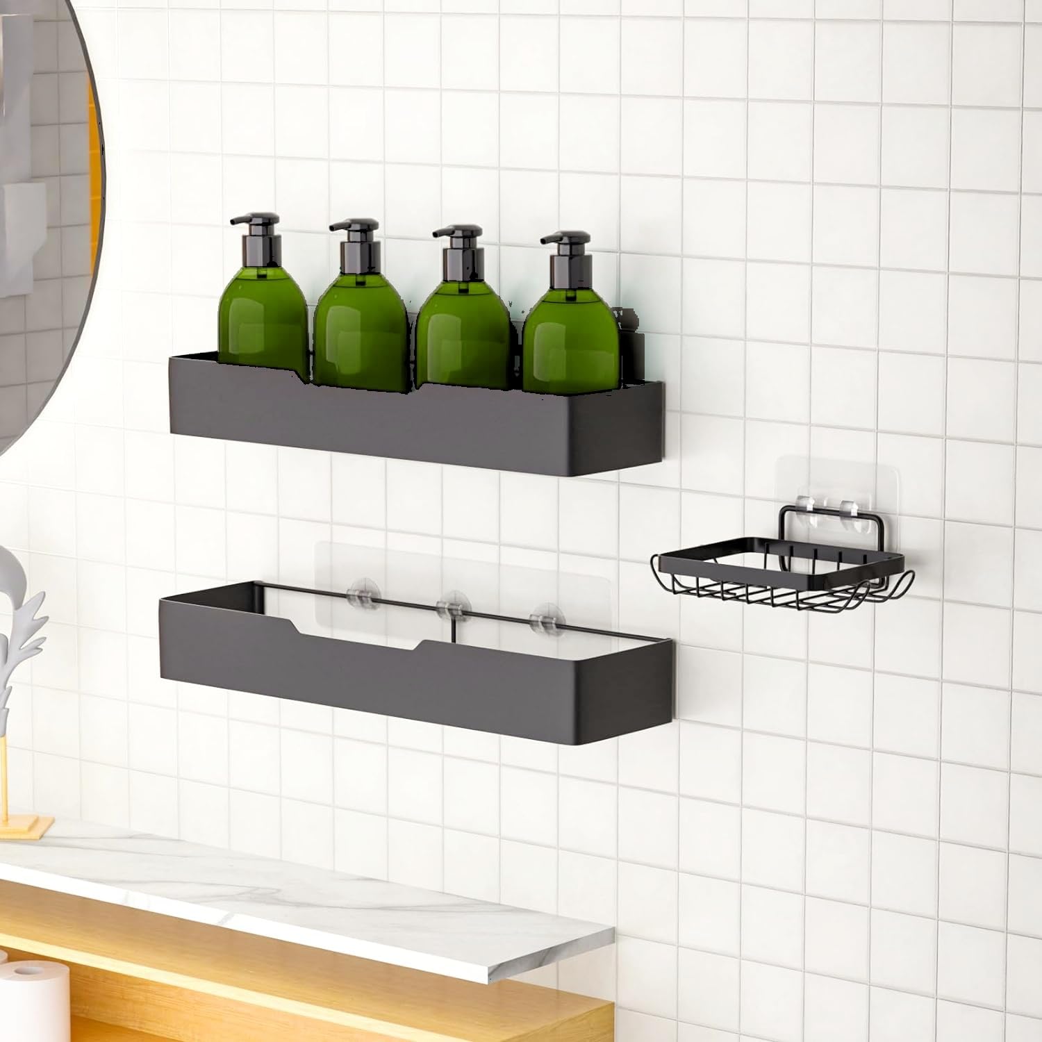 Shower Caddy Organizer Rack Bathroom Shelves and Storage Adhesive No Drilling for Shampoo with Soap Holder with 6 Removable Hooks (2 Pack)