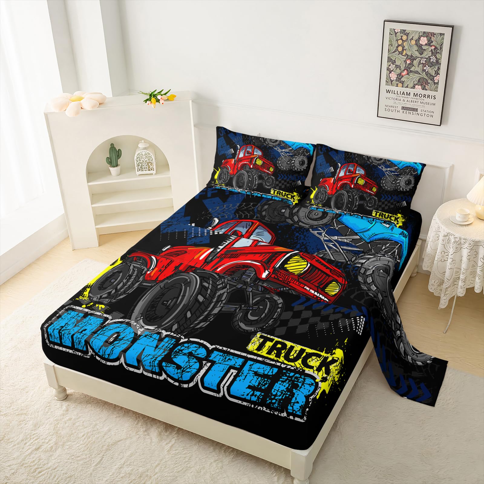QOOMO Truck Bed Sheets Twin,Black Car Bed Sheet for Kids Boys Teens,16" Deep Pocket Bed Sheet Set for Boys/Girls/Kids/Teens,4 Piece Sheet Set, 1 Fitted Sheet,1 Flat Sheet and 2 Pillowcases,Twin Size