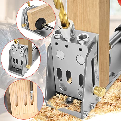 Pocket Hole Jig Kit - Adjustable Pocket Screw Jig Heavy Duty Aluminum Alloy Pocket Hole Jigs System for Woodworking, Carpenter Drill Jig for Angled Holes with 3 Drilling Bit Hole Puncher Locator