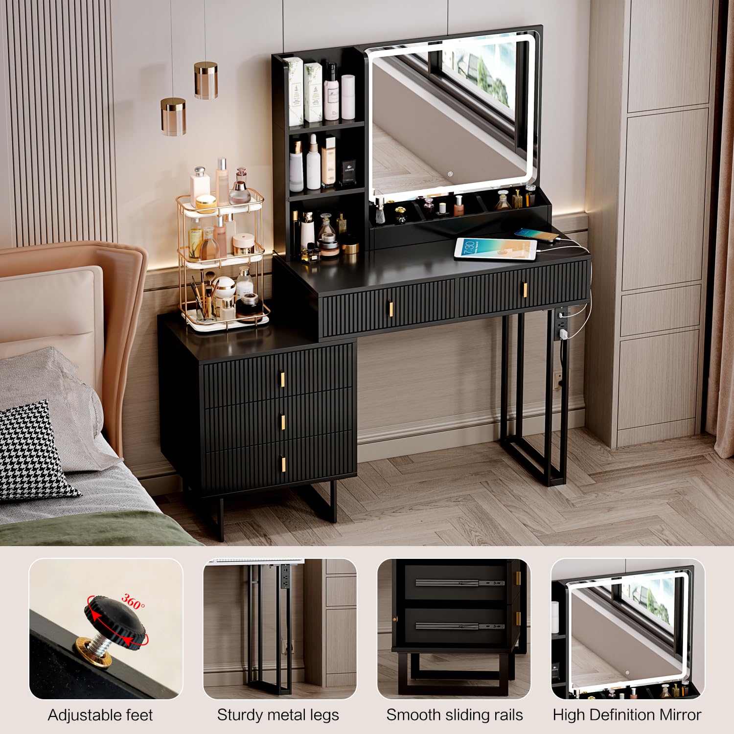 Large Vanity Desk with 3 Color Touch Screen Dimming Mirror, Vanity Desk with Charging Station, Modern Retractable Makeup Dressing Table, Vanity Table With storage shelves and 5 Sliding Drawers, WT