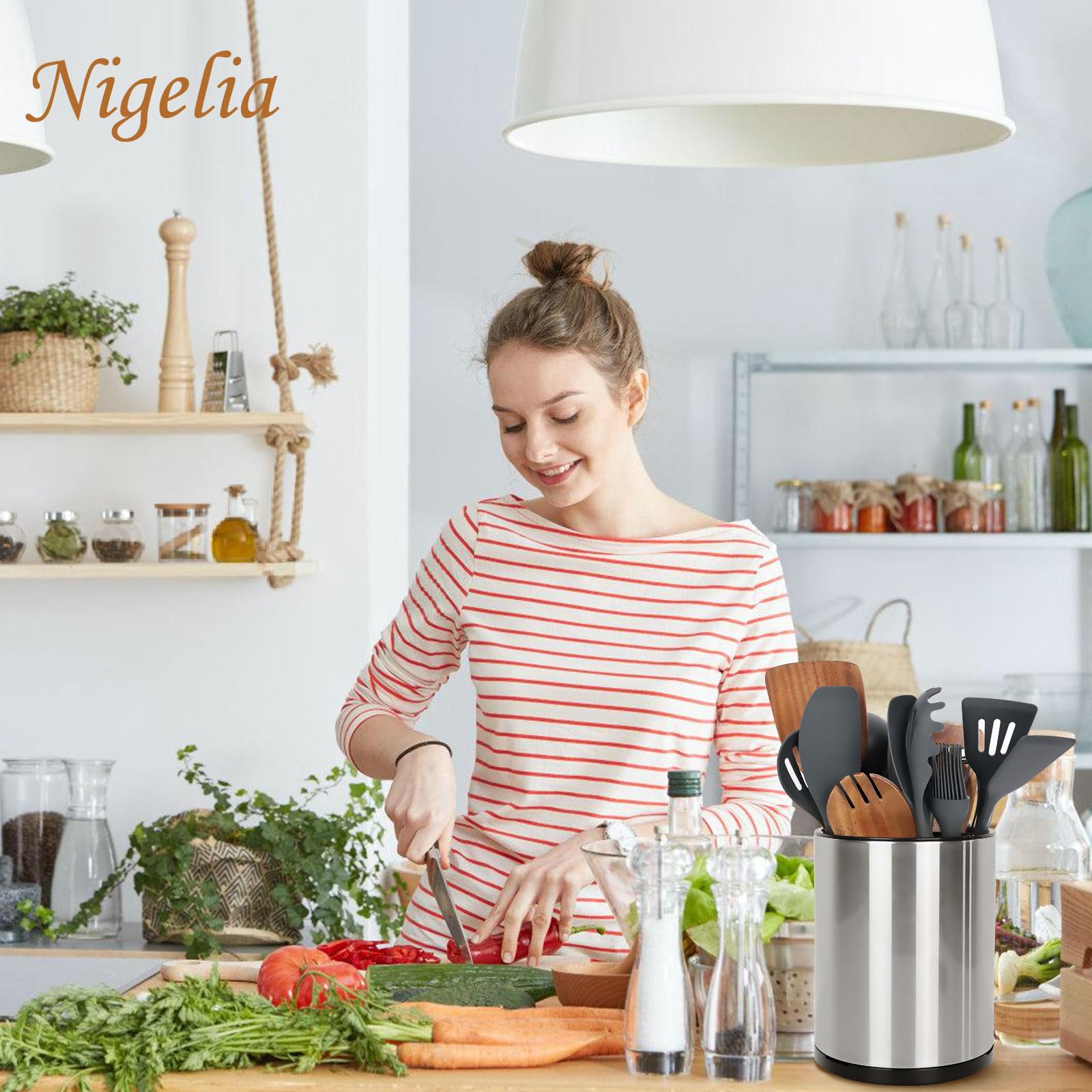Nigelia Extra Large Kitchen Utensil Holder - 360° Rotating Stainless Steel Cooking Utensil Holder for Countertop, 3 Compartment Flatware Organizer & Utensil Caddy with Removable Base(Silvery)