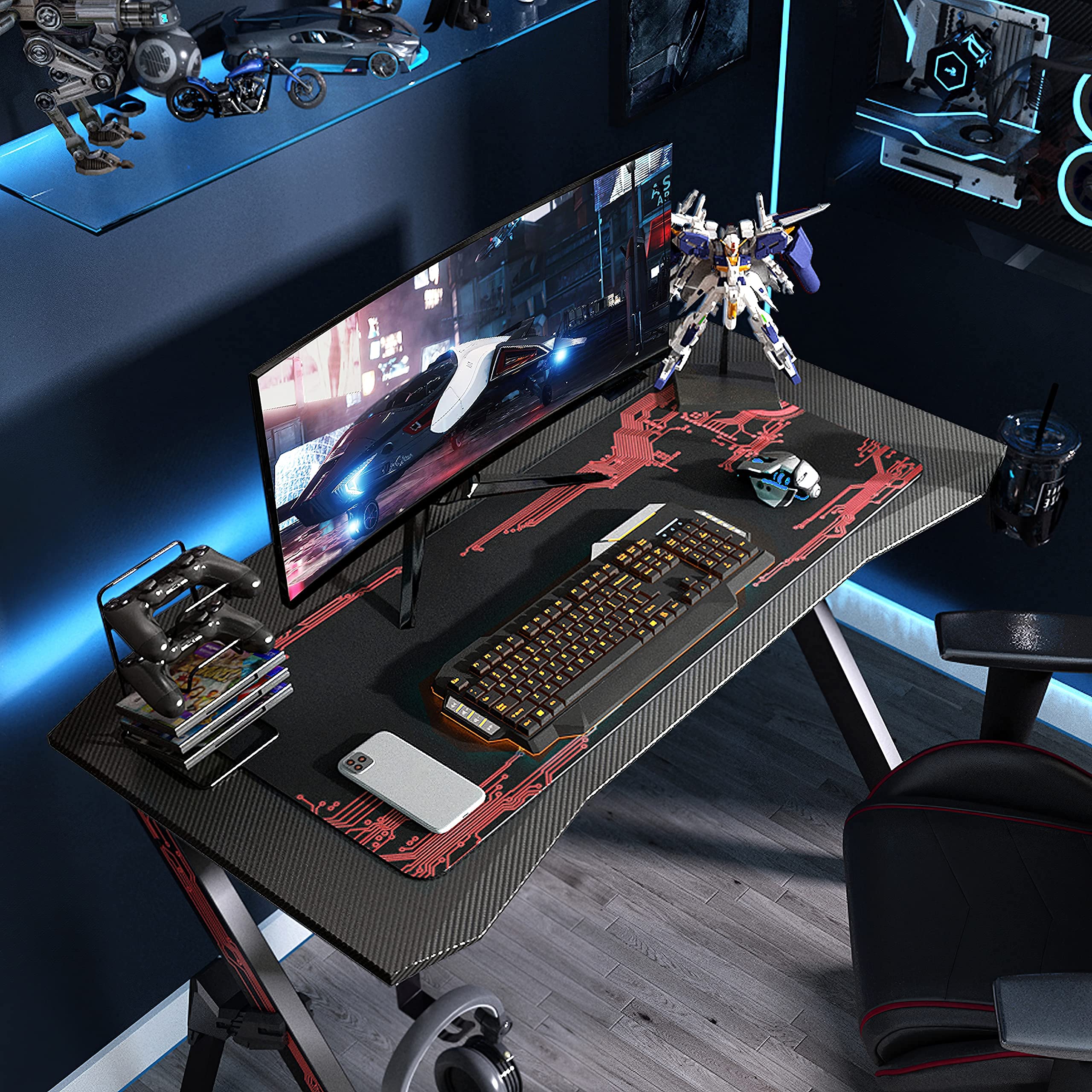 GALAXHERO 43.3β Pro Gaming Desk, Gamer Computer Desk with Headphone Hook and Cup Holder, Home Office PC Workstation for E-Sports Use, Free XL Mouse Pad, Black&Red, GX-A