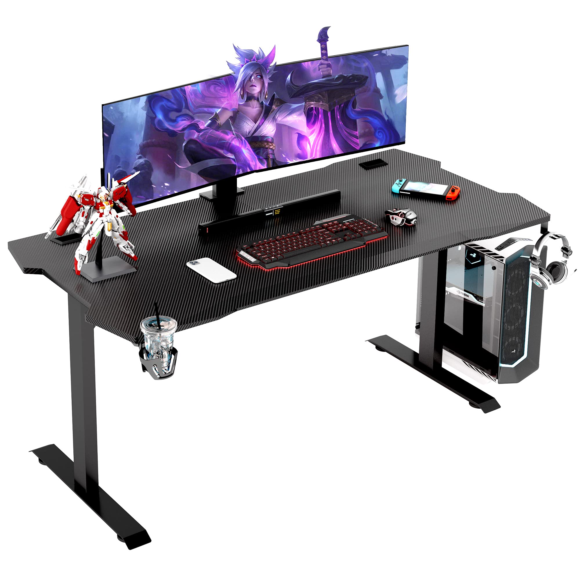 GALAXHERO 55ā Large Gaming Desk, Professional Gamer Computer Desk with Headphone Hook and Cup Holder, Home Office PC Workstation for E-Sports Use, Free XL Mouse Pad, Black, GX-SD