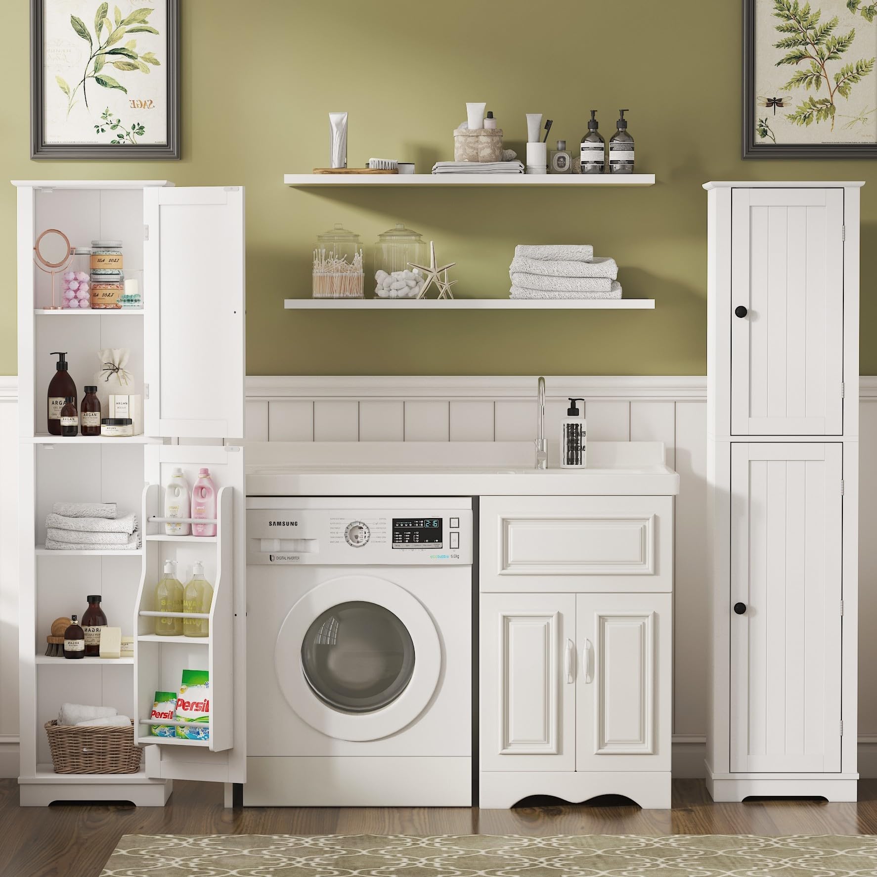Function Home Modern Storage Cabinet, Free-Standing Floor Cabinet, Bathroom Cabinet with Adjustable Drawers, Open Shelf and Two Doors, Wooden Cupboard for Home, Living Room, Kitchen, Bedroom in White