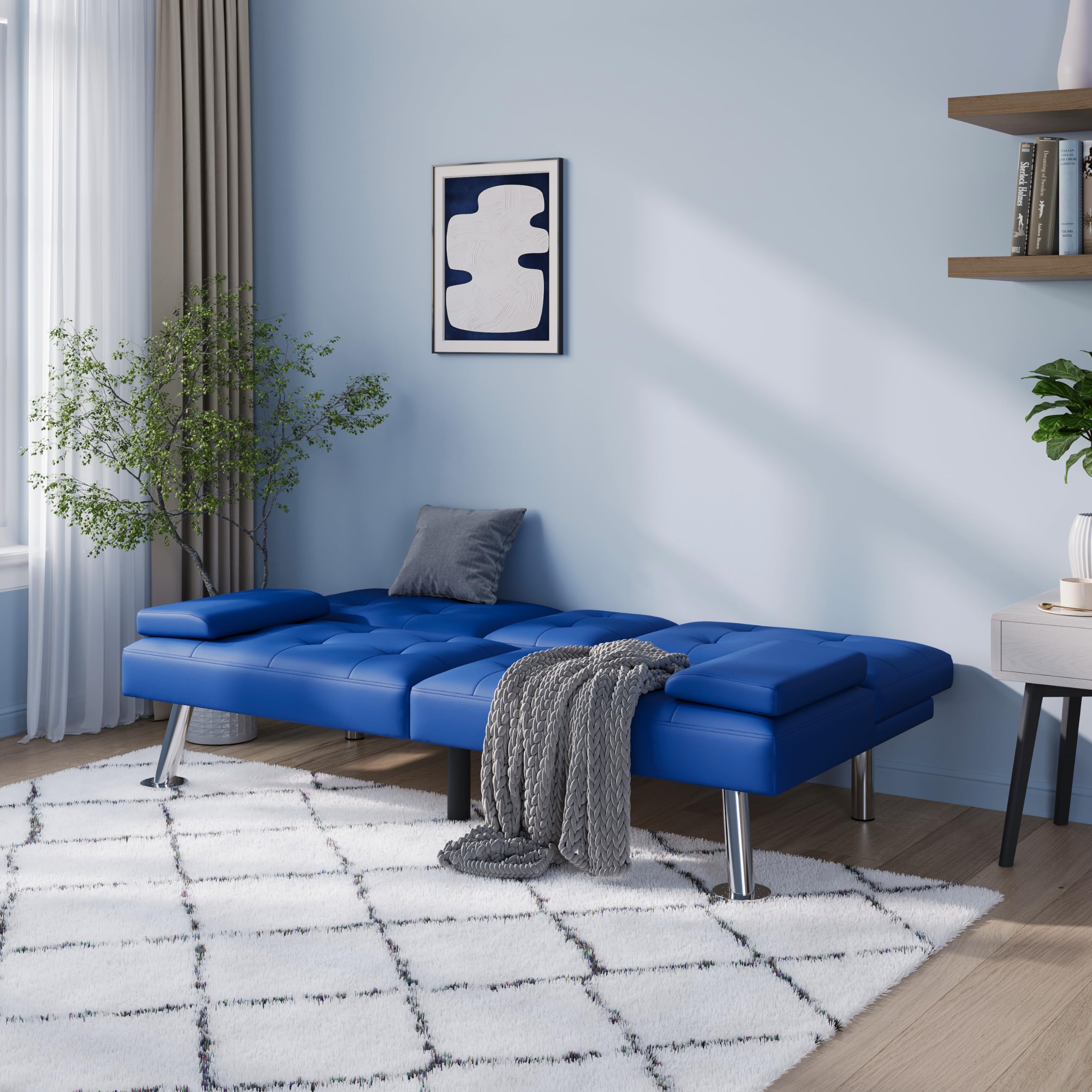 LINSY Futon Sofa Bed, Faux Leather Sleeper Sofa with Mattress and Frame, Convertible Futon Couch for Living Room, Blue