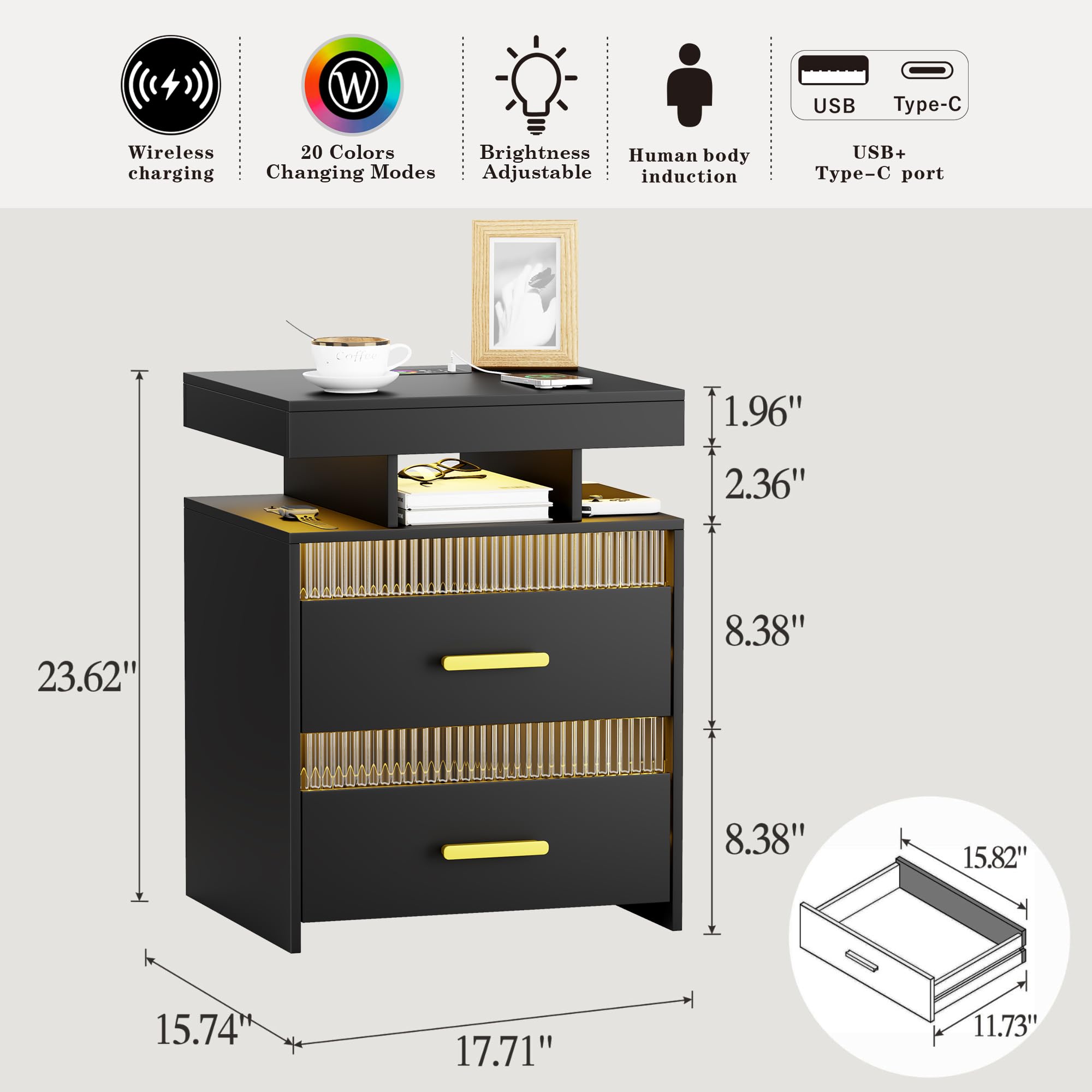 Nightstand with Charging Station and LED Lights, Night Stand with 2 Drawers, Wood Smart Bedside Table, Modern Bed Side Table for Bedroom, Black
