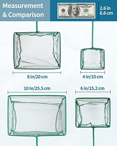 Pawfly 4 & 6 Inch Aquarium Fish Net Set with Braided Metal Handle Square Green Net with Soft Fine Mesh Sludge Food Residue Wastes Skimming Cleaning Net for Fish Tanks Small Koi Ponds and Pools