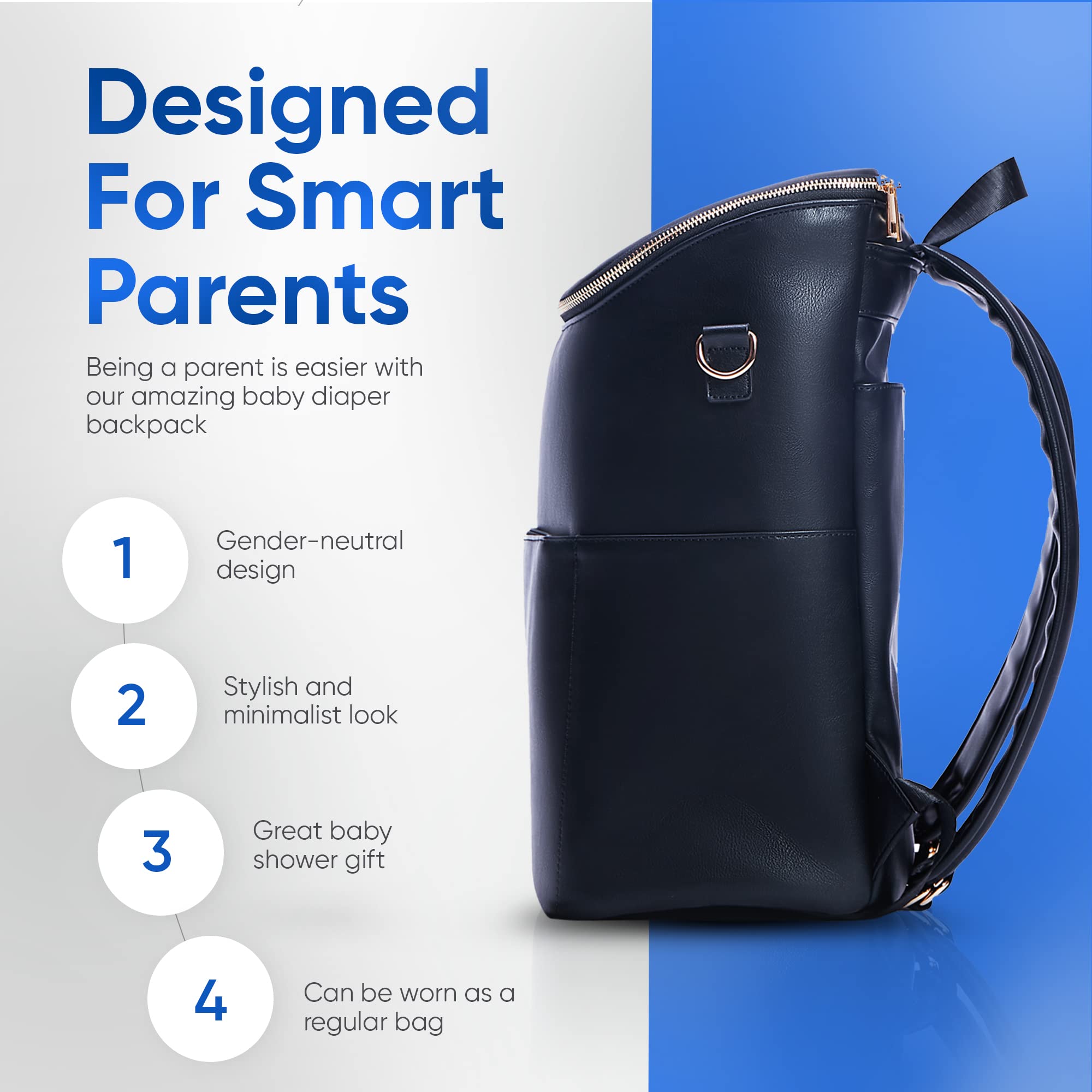 Nomad Babies | Large Leather Designer Diaper Bag Backpack with Insulated Pockets, Dry Clutch Bag, Shoulder Strap, Stroller Straps, and Changing Pad - Black