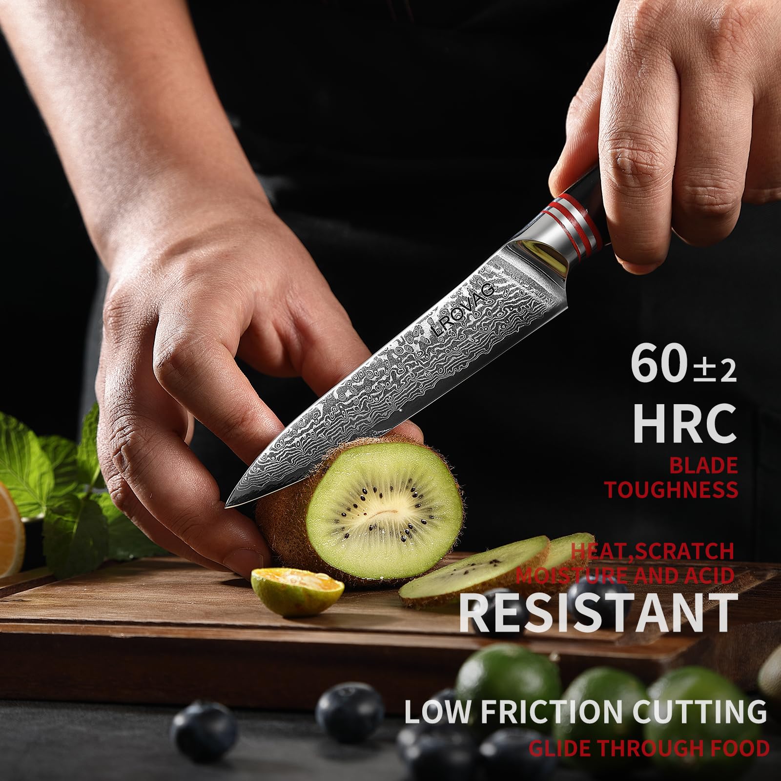 lrovag Utility Kitchen Knife,5 Inch Damascus Paring Knife, Super Sharp High Carbon Stainless Steel Fruit Knife,Multipurpose Chopping Knife, Japan VG10 Steel Core,Premium Gift Box