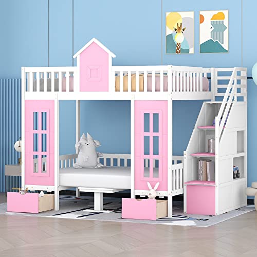 Polibi Full-Over-Full Bunk Bed with Storage Staircase and Changeable Table, Full Bunk Bed Turn into Upper Bed and Down Desk with 2 Drawers, Pink
