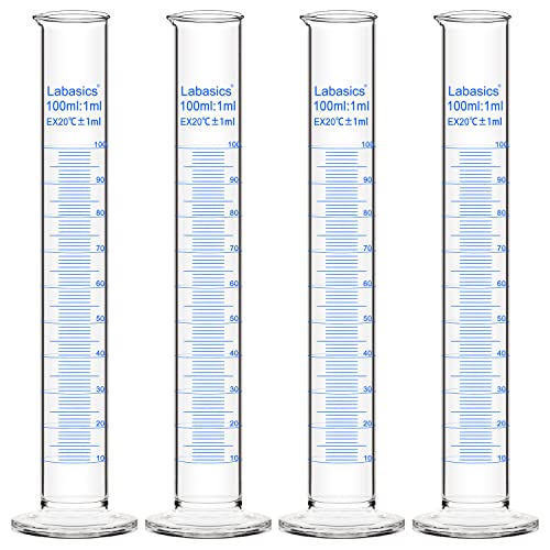 Labasics 4-Pack Borosilicate Glass 100 ml Heavy Wall Graduated Cylinder Measuring Cylinder