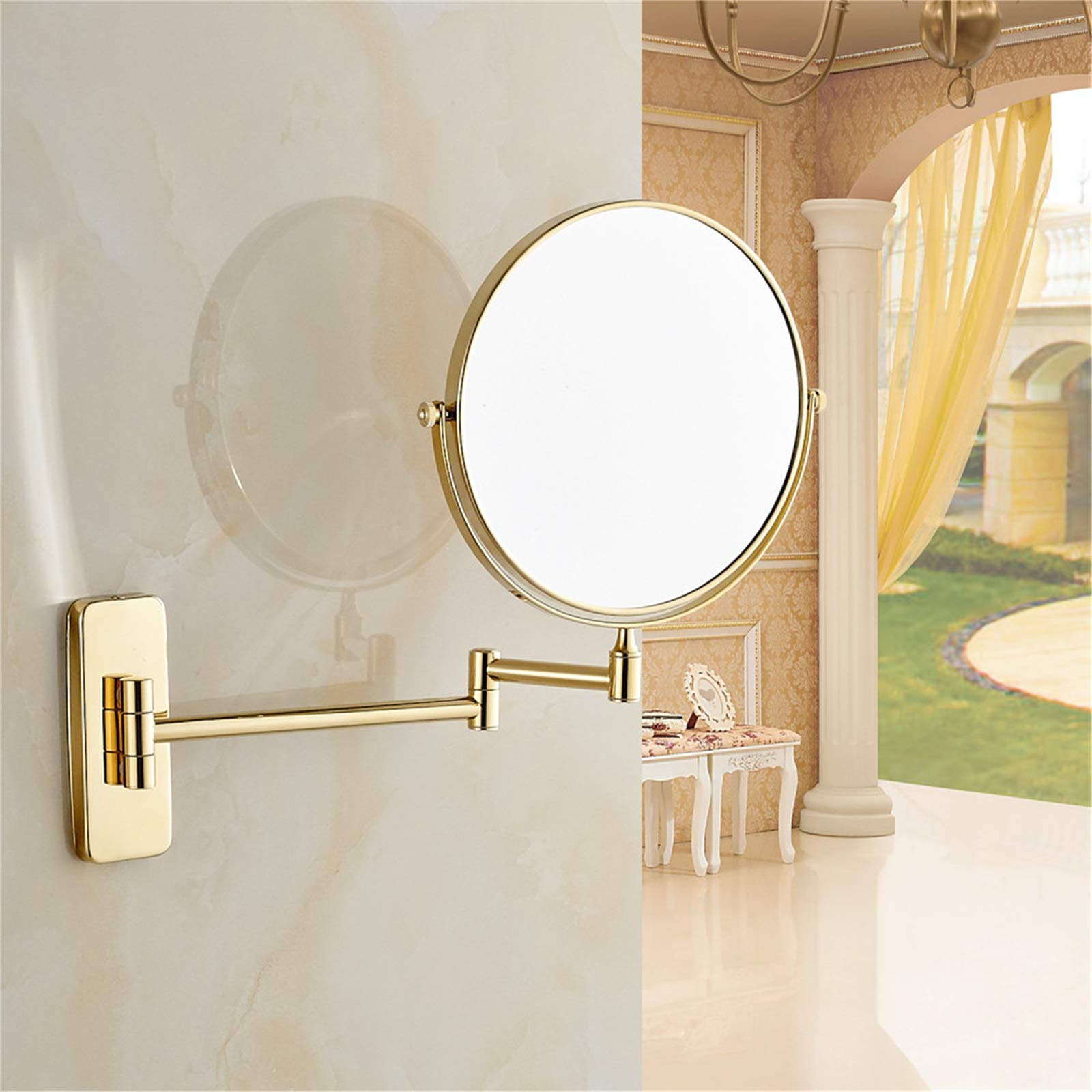 LARRO Wall Mounted Makeup Mirror, 8 inch Gold Finish Double Sided Magnifying Shaving Mirror, Extendable Bathroom Round Cosmetic Vanity Mirrors,7X (Color : 10x)