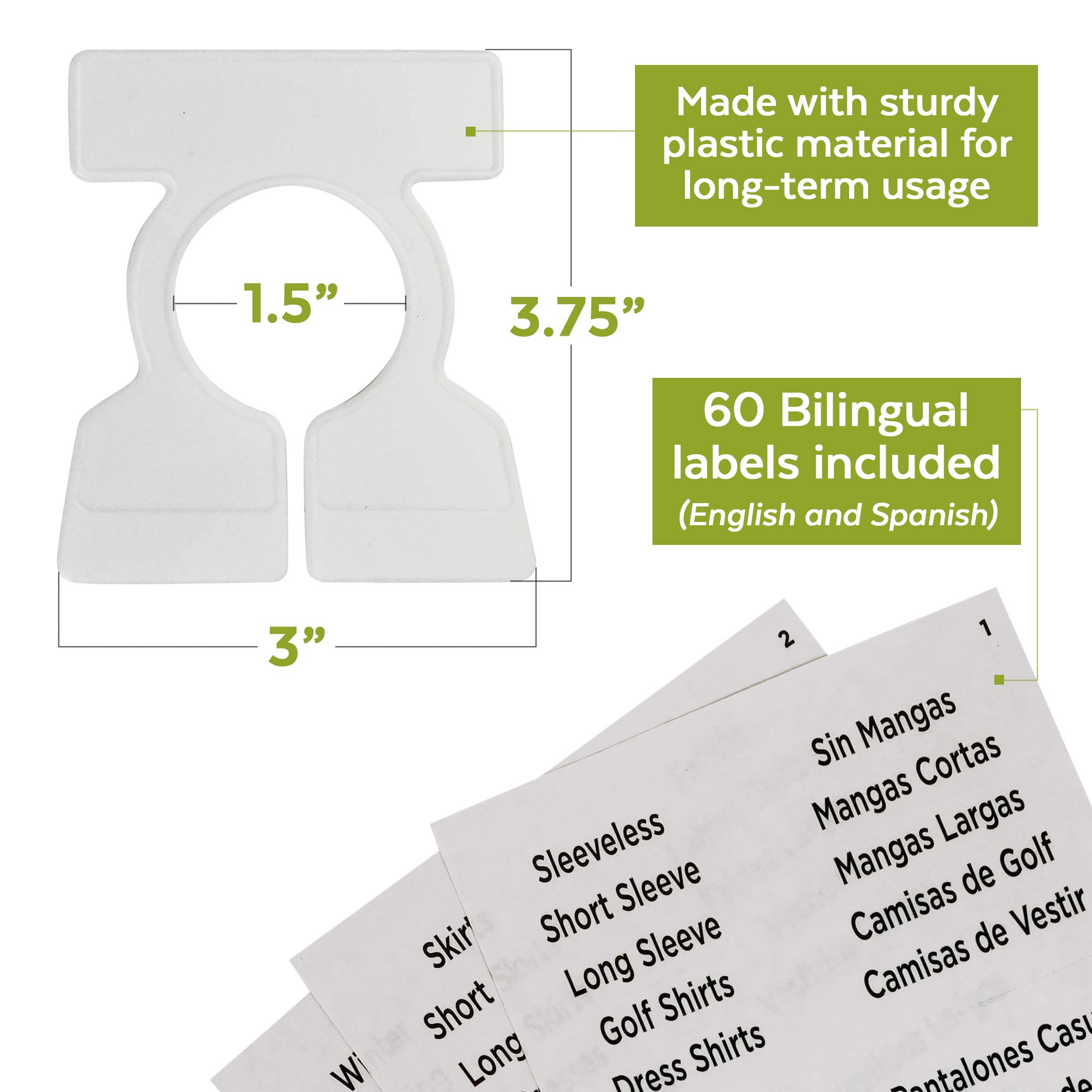 Simple Division Garment Organizers - Sort, Put Away, and Find Clothes Easily - 12 White Closet Organizers - Includes 60 Bilingual Sorting Labels