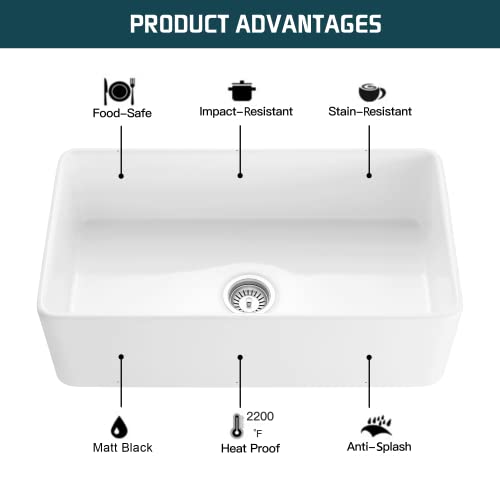LYNNADO Farmhouse Sink 33 inch Fireclay Farm Kicthen Sink Apron Sink Large &Deep Single Bowl Undermount Sink with Bottom Grid in & Drain, White Color