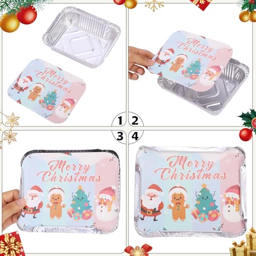 SAITI 50 PCS Christmas Cookie Tins with Lids for Gift Giving, Foil Treat Containers Disposable Food Storage Pan Aluminium Foil Containers for Holiday Leftovers Goodie Container or Cookie Exchange