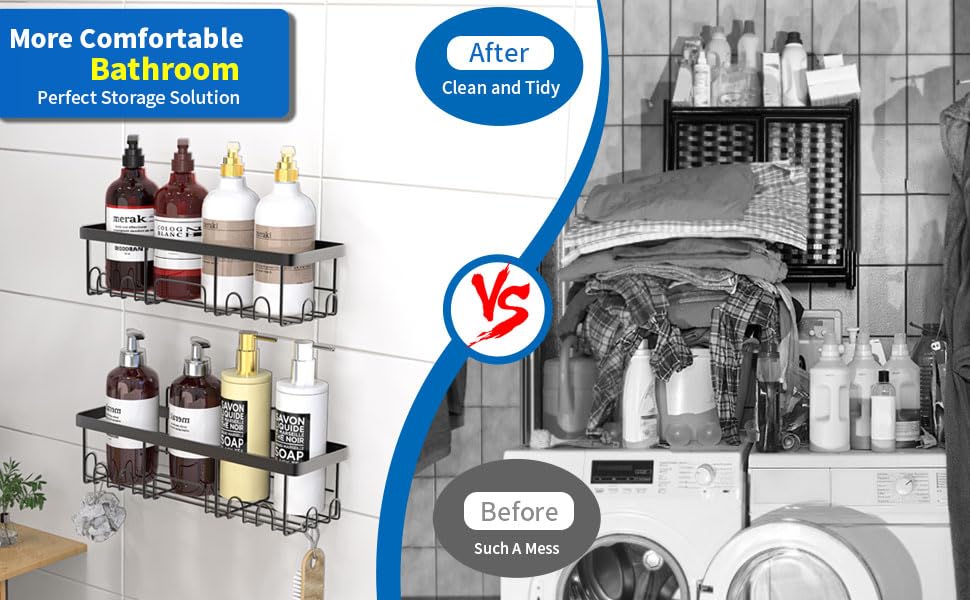 UenCirbsk Adhesive Shower Caddy,Extra Large Bathroom Shelves,2 Pack Shower Organizer,No Drilling Floating Shelves For Wall, Black shelves easy to install for Bathroom Storage & Home Decor