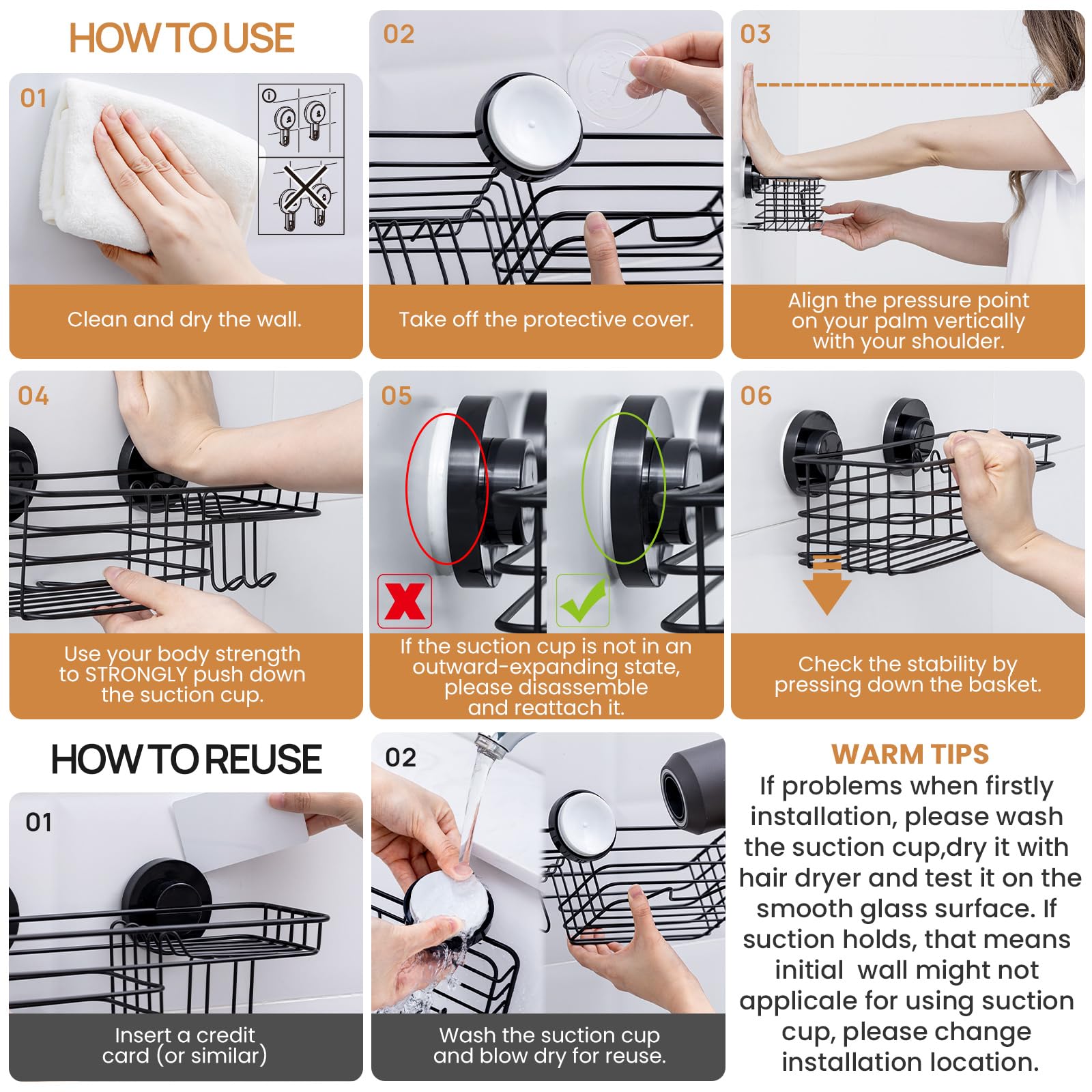LEVERLOC Shower Caddy Suction Cup, 2 Pack Shower Shelves for Inside Shower with Hooks & Soap Holder, NO-Drilling Shower Organizer, Rustproof Shower Caddies Storage, Black