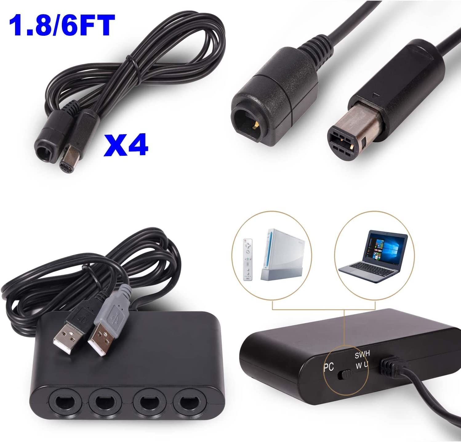 Gamecube Controller 4Pack - 4-Port Adapters and 4 Extension Cords for Switch PC and Wii U Console-Enhanced (OPBS)