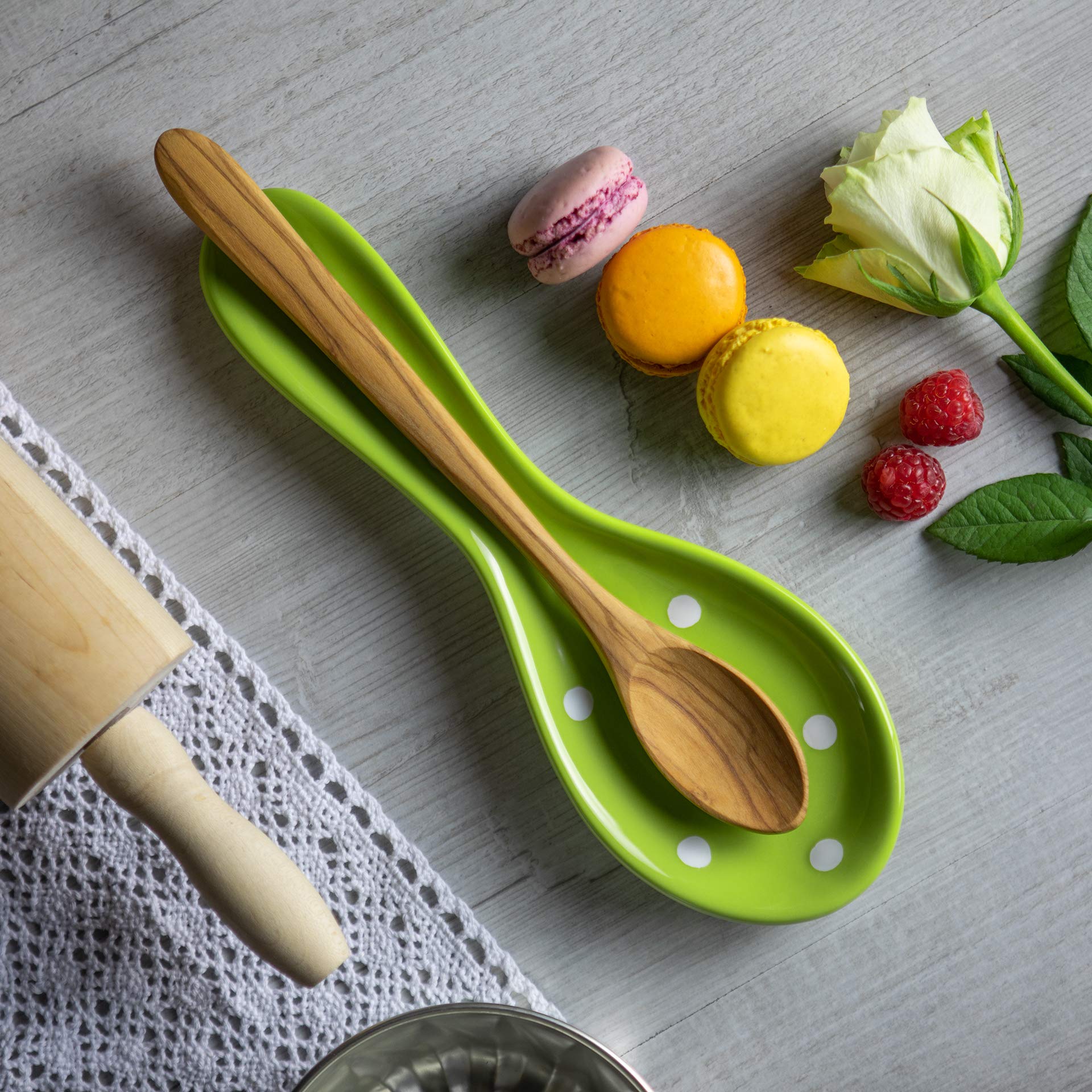 Handmade Lime Green and White Polka Dot Ceramic Kitchen Cooking Spoon Rest | Pottery Utensil Holder | Housewarming Gift by City to Cottage®