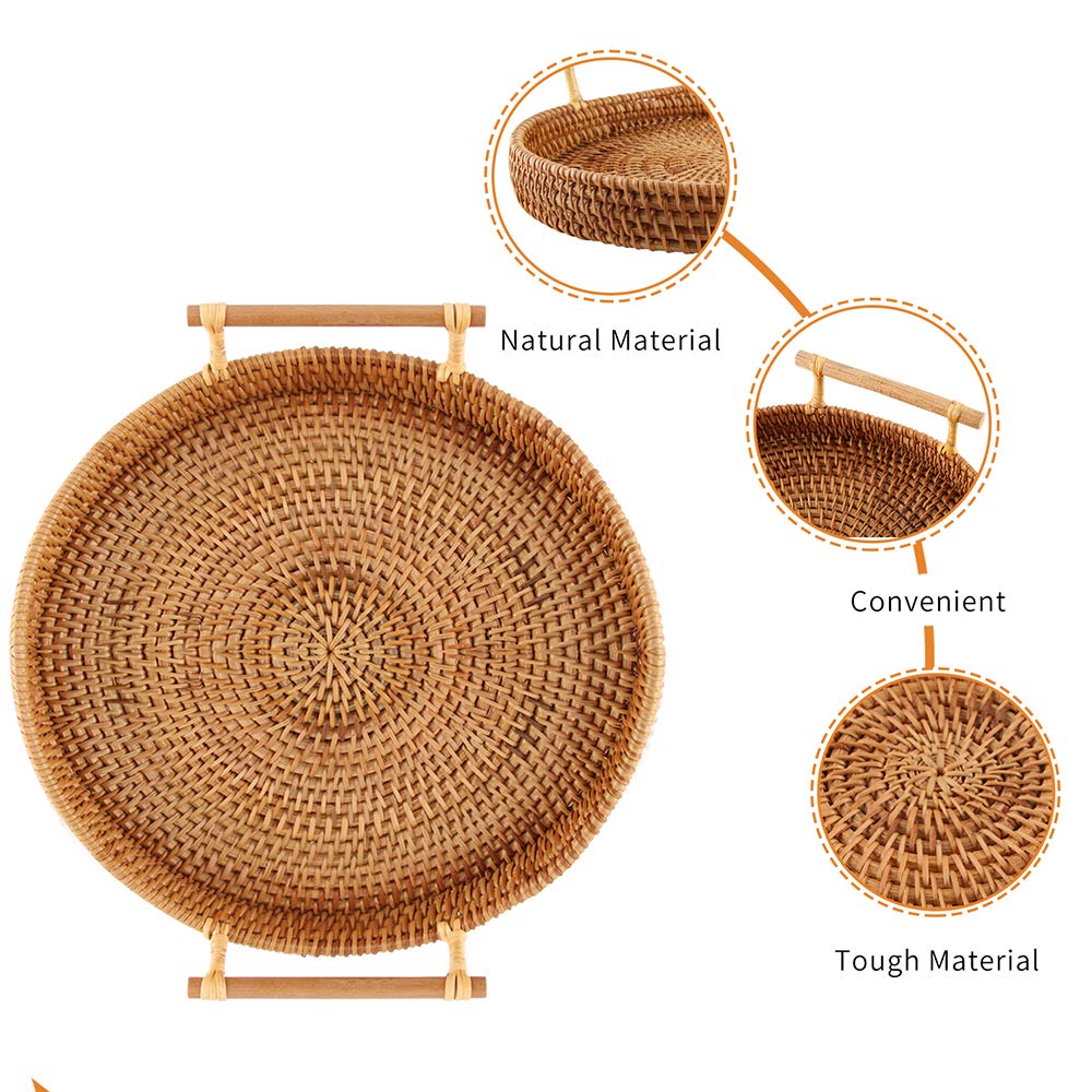 Handmade Rattan Round Woven Basket, Round Serving Tray with Handles, Food Serving Baskets, Basket, Great to Display Bread Or Fruit (10.6", 1pc)