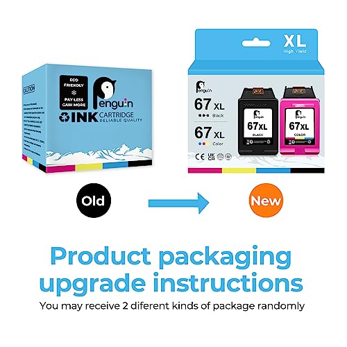 Penguin 67XL Ink Cartridge for HP Printers High Yield Work with HP 67 XL Deskjet 2755 2700 4155 2752 2723e 4133e Deskjet Plus 4152 Envy 6055 6052 Envy Pro 6458 Printer 1 Black and 1 Color Combo Pack