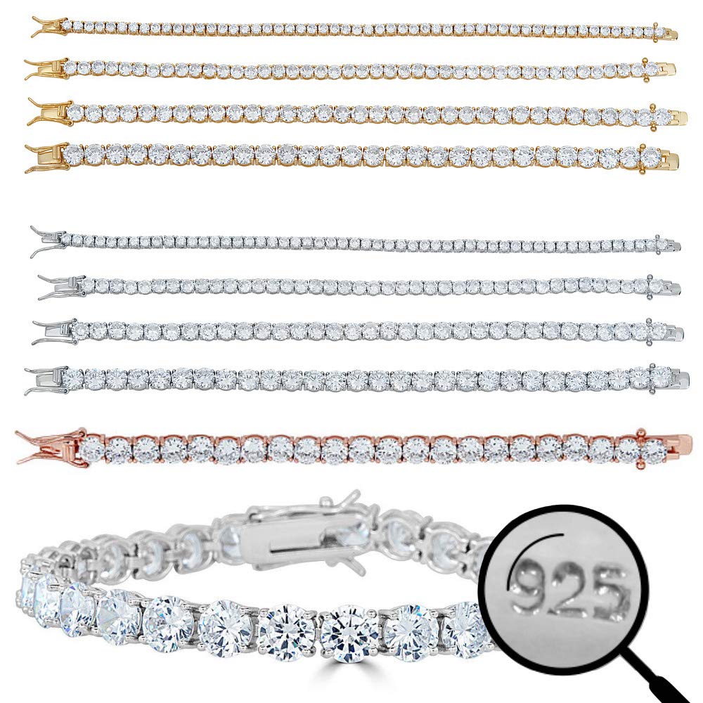 HarlemBling Real Solid 925 Sterling Silver Mens Or Womens Tennis Bracelet - 14k Yellow & Rose Gold Finish Over Solid 925 Silver - 3-6mm - 6-9" Iced Out One Row Bracelet (6, 3mm Silver)