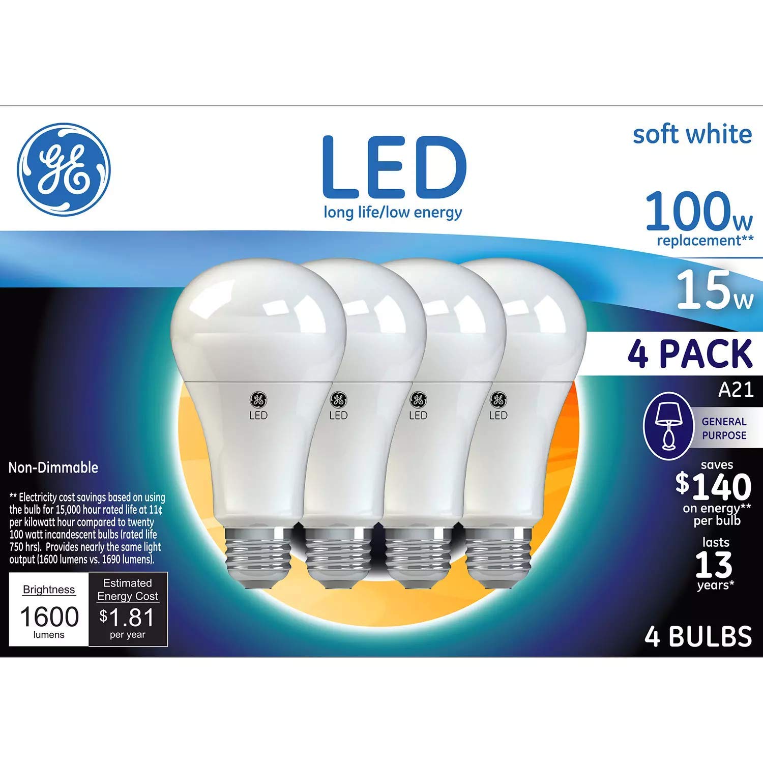 GE Lighting 29923 Soft White 100 W Equivalent LED Non-Dimmable A21 Light Bulbs 4-Pack
