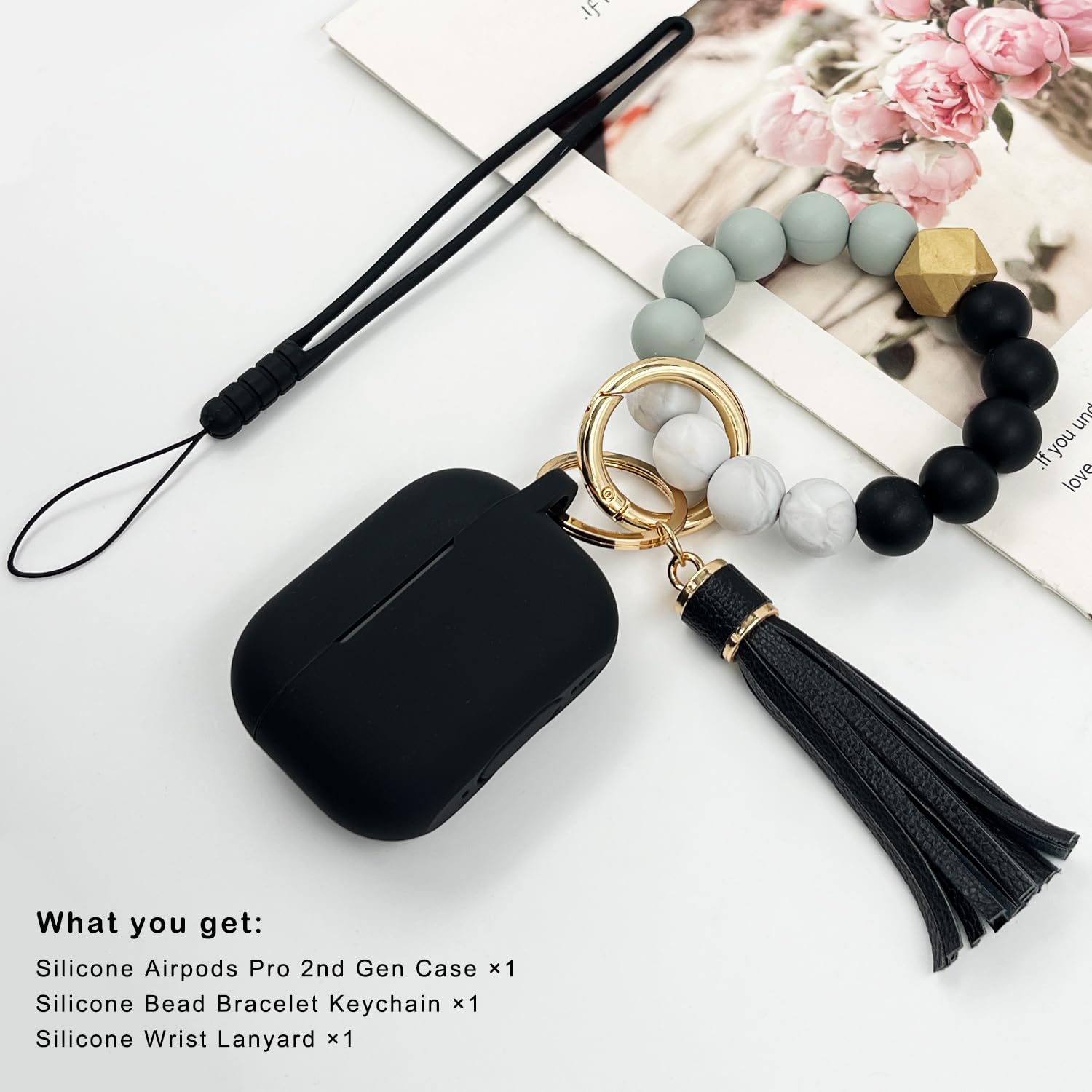 KOUJAON Compatible with Airpods Pro 2nd Generation Case Cover 2022, Soft Silicone Protective Cover with Bracelet Keychain for Apple Airpods Pro 2 Case for Women Girls (Black)