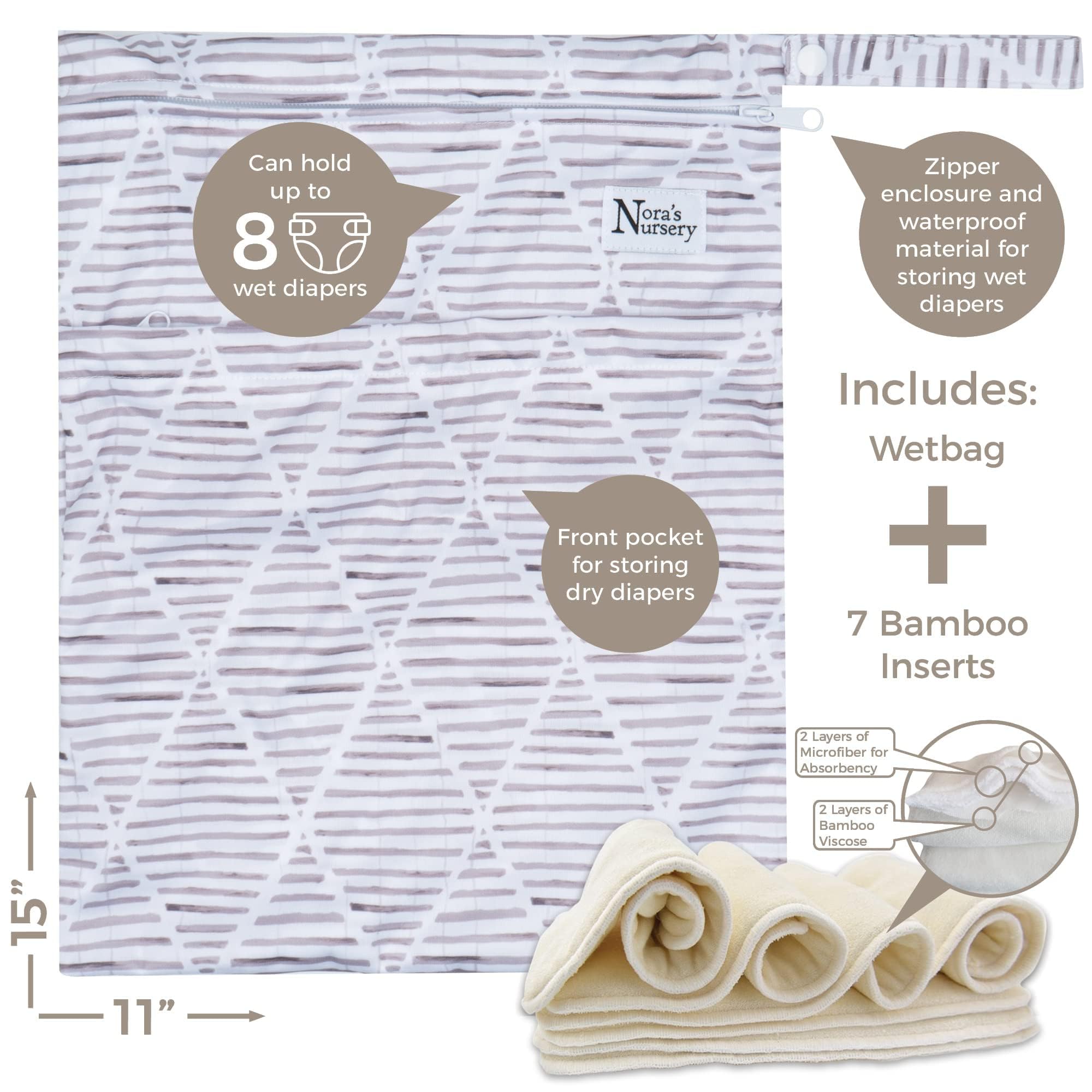 Nora's Nursery Cloth Diapers 7 Pack with 7 Inserts & 1 Wet Bag - Waterproof Cover, Washable, Reusable & One Size Adjustable Pocket Diapers for Newborns and Toddlers - Modern Blooms