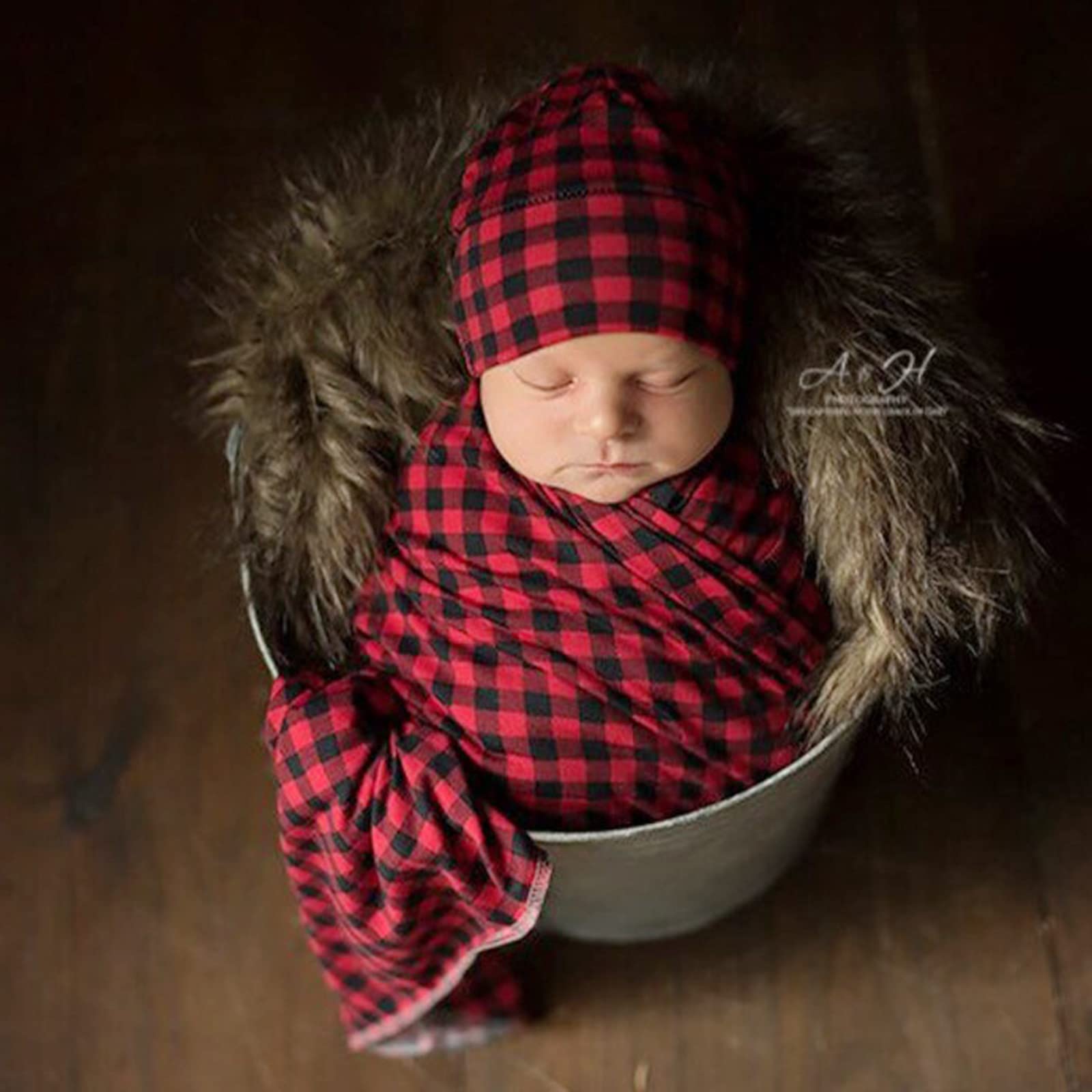 ZOONAI Red and Black Plaid Swaddle Blanket Baby Newborn Receiving Blanket Infant Sleeping Cloth Wrap with Hat (Red Black)