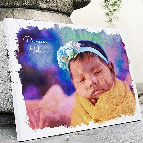 Personalized Baby Watercolor Canvas Painting With Name Printed On Premium Gallery Wall Art - Custom Newborn Portrait From Photo (S - 11x14 Inches)
