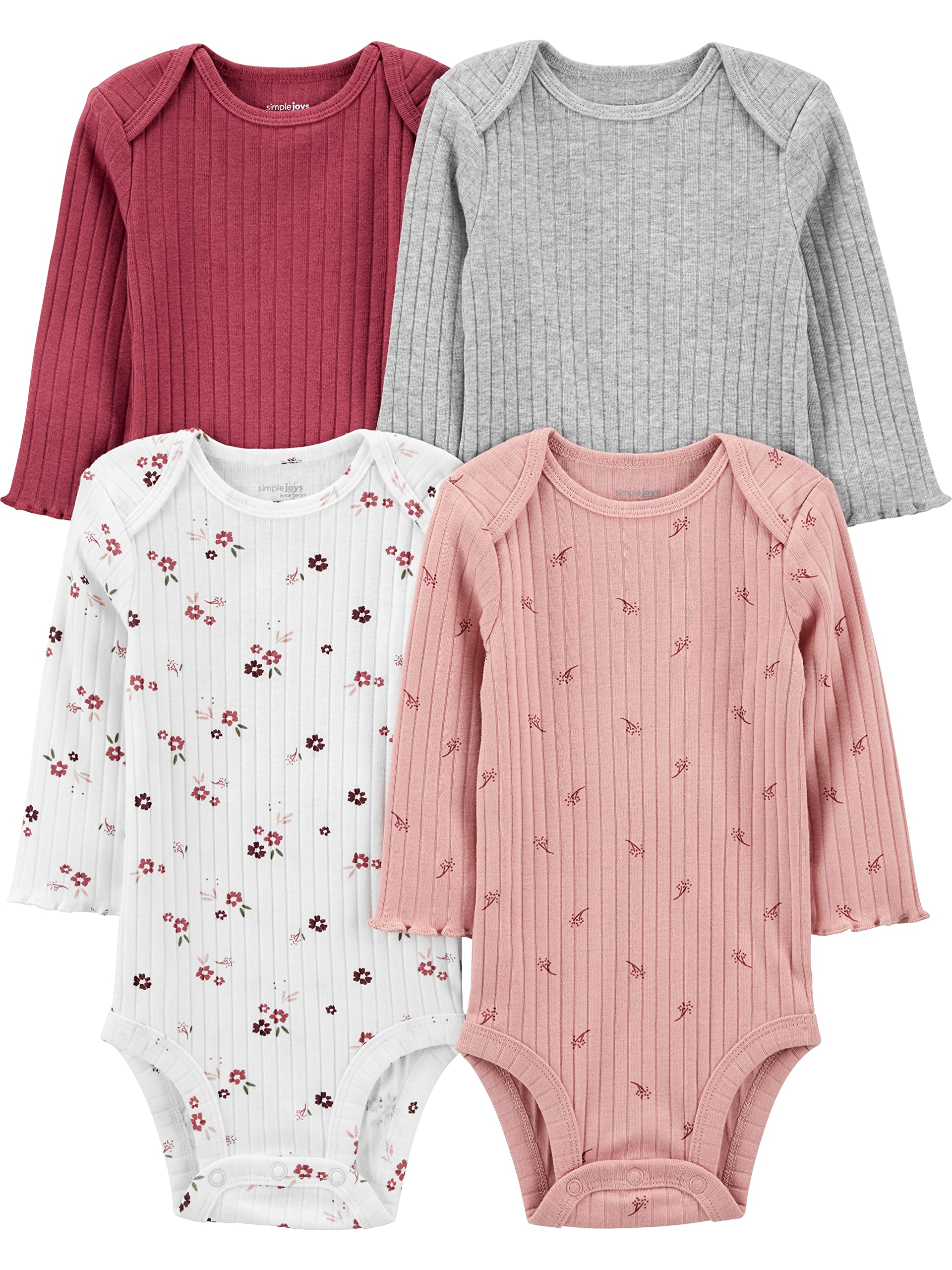 Simple Joys By Carter's Unisex Baby 4-pack Long-sleeve Pointelle Bodysuits Bodystocking, Dusty Pink/Grey/Light Burgundy/White Floral, 3-6 Months US