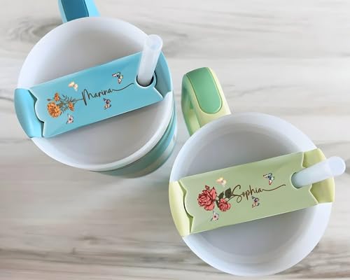 Personalized Birth Flower Tumbler Topper, 40 30 64 oz Personalized Tumbler Topper Tumbler Cup Accessory Name Plate