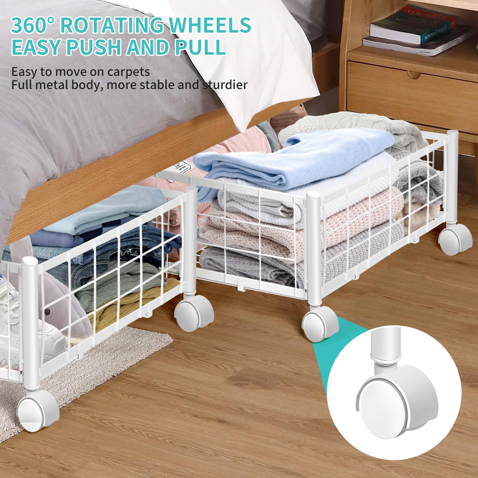 Under Bed Storage 4 Pack with Wheels, Under Bed Storage Containers Metal Foldable Space-Saving Under Bed Drawer Shoe Storage Bins Organizer on Wheels for Clothes Books