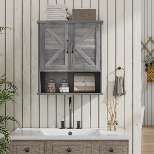 Mino Kesper Bathroom Wall Cabinet with Barn Doors, Wall Mounted Bathroom Storage Cabinet, Farmhouse Style, Adjustable Shelf, Wall Mounted, Grey