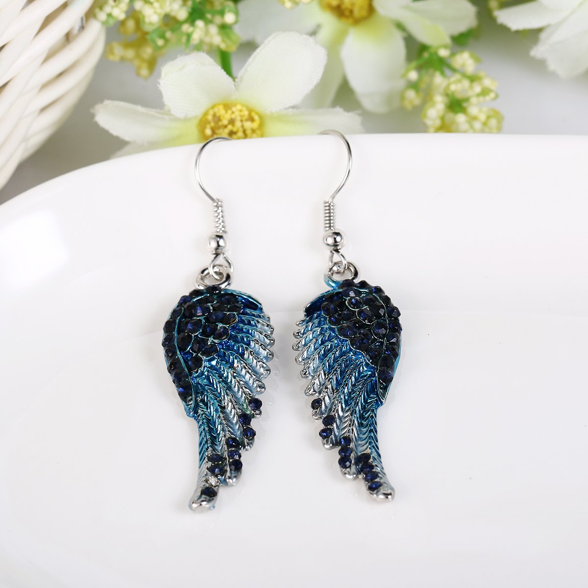 EVER FAITH Angel Wing Hook Earrings Austrian Crystal Silver-Tone - Black
