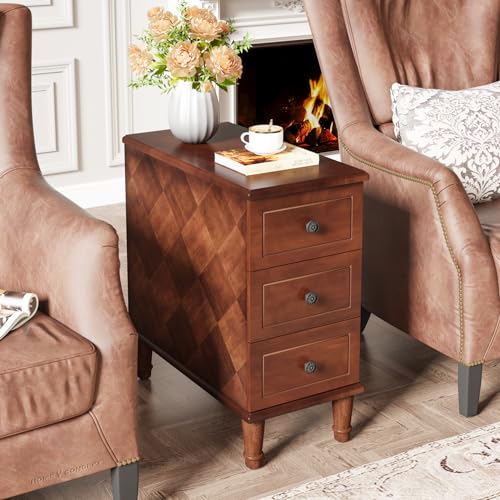 LITTLE TREE Fully Assembled End Table, Narrow Side Table with 3 Drawers, Pre-Assembled Nightstand Slim Bedside Table for Small Spaces, Living Room, Bedroom, Brown