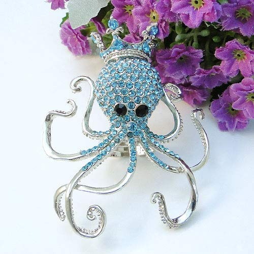 EVER FAITH Austrian Crystal Cute Crown King Octopus Adjustable Ring Bejeweled with Blue Silver-Tone