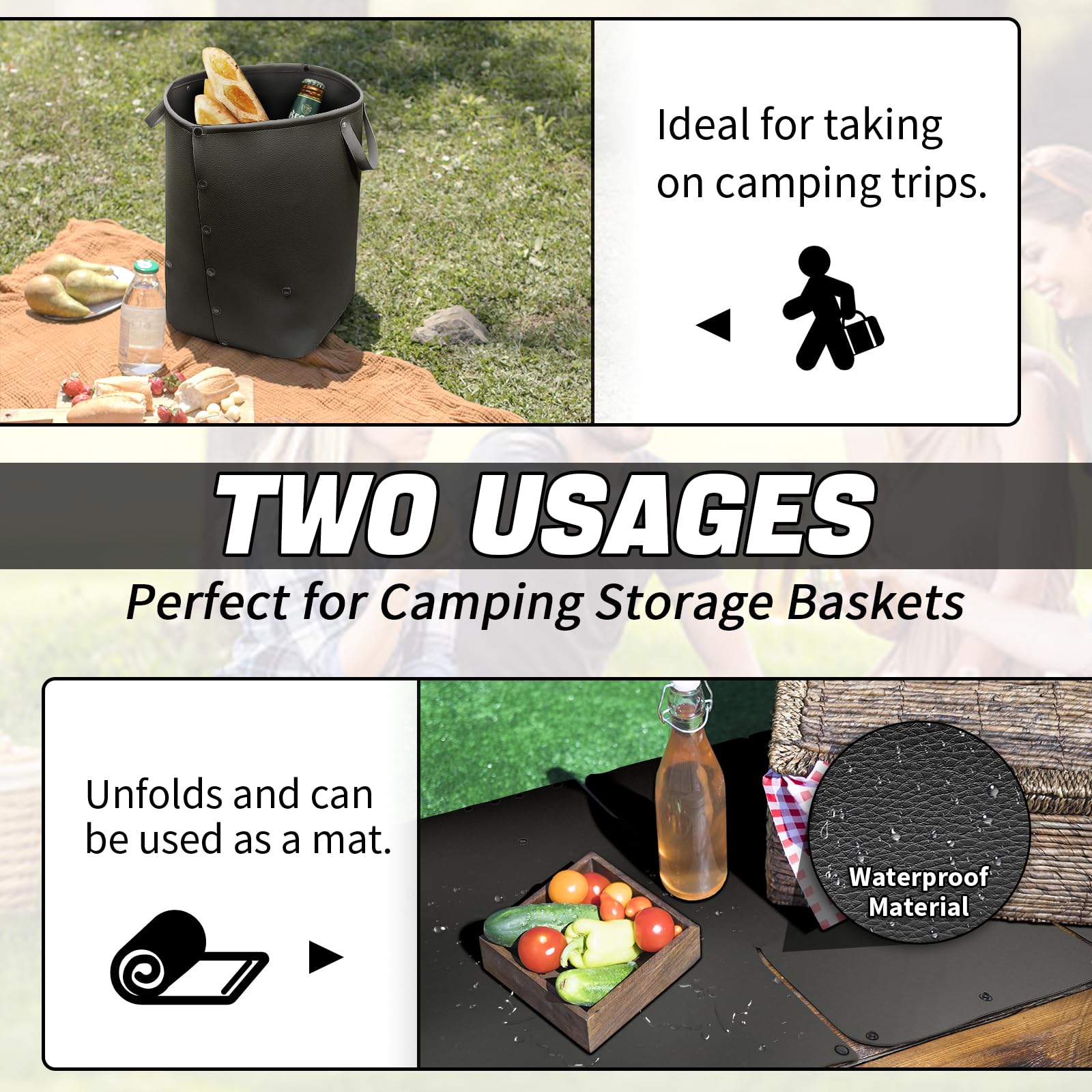 Lacut Dual-use Waterproof Storage Basket, 11.8"x11.8"x17.8" Large Open Storage Organizer Basket with Handles for Home Clothes Car Trunk Camping Picnic Storage (Black)