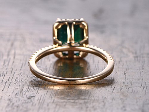 Emerald Engagement Ring,14K Yellow Gold,May Birthstone,6x8mm Emerald Cut Green Gems,Halo,Ball Prong Set