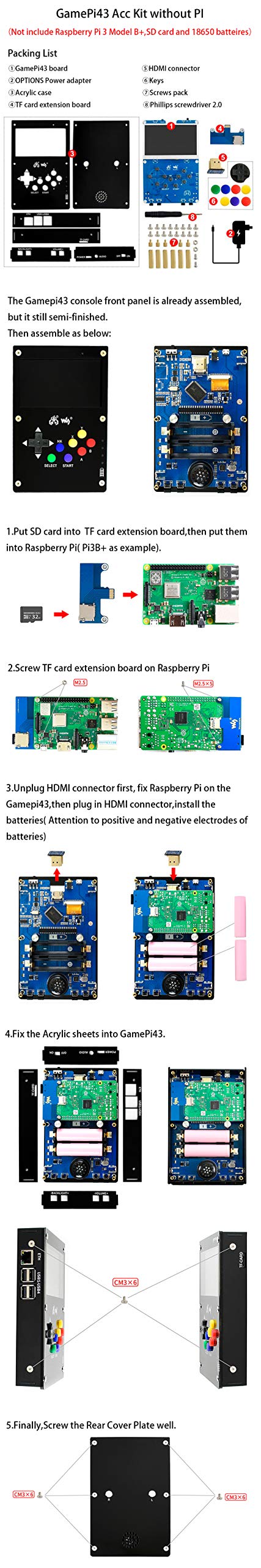 GamePi43 Accessories Kit for Raspberry Pi 4B/3B+/3B/2B/B+ Portable Retro Video Handheld Game Console with 4.3inch IPS Display 800x480 Pixel 60 fps Smooth Gaming Experience Speaker Earphone Jack