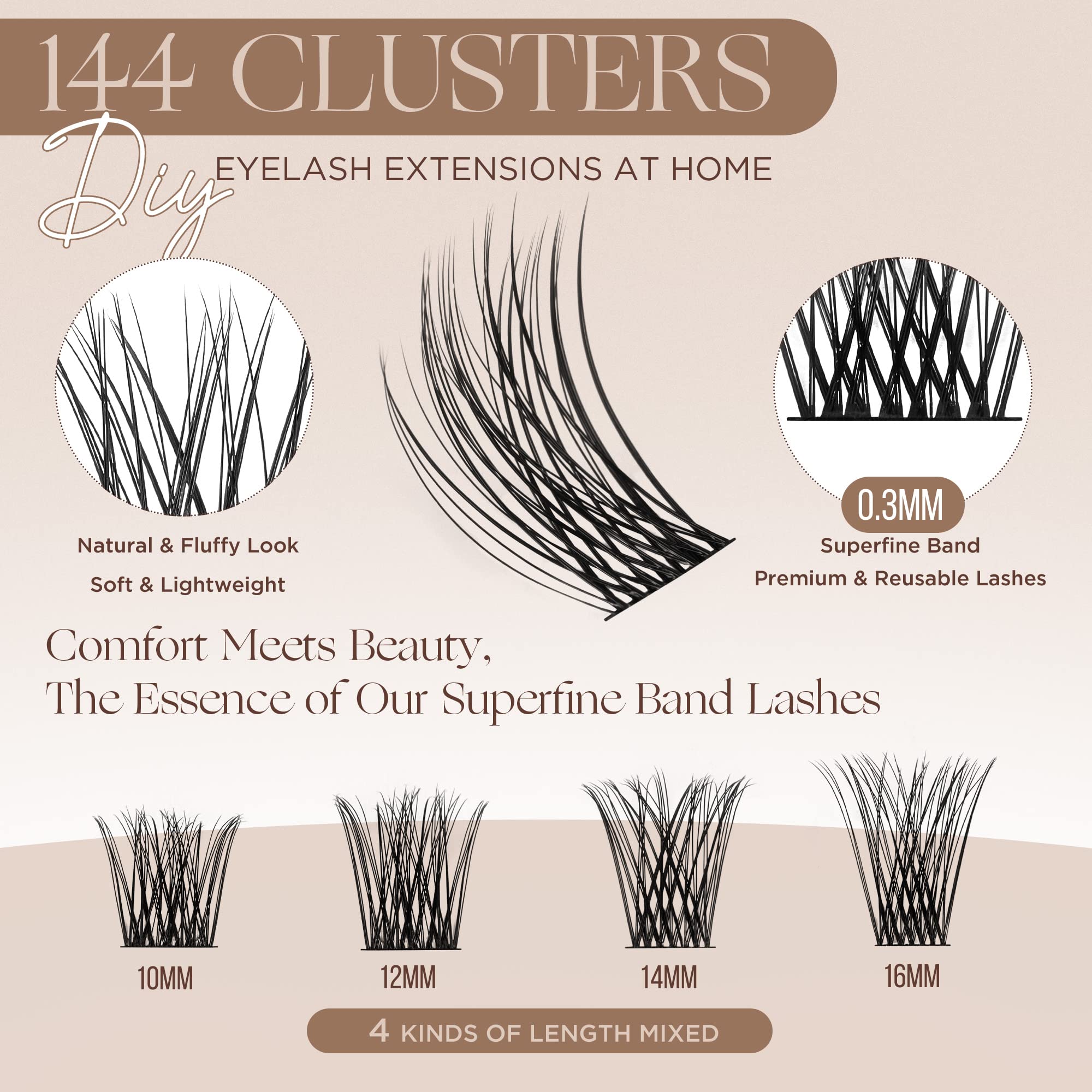 LASHVIEW Lash Clusters, 144 Pcs Cluster Lashes, DIY Cluster Eyelash Extensions Mega Volume Reusable Individual Lashes Cluster Volume Look Super Thin Band & Soft(Volume,C-10-16mix)