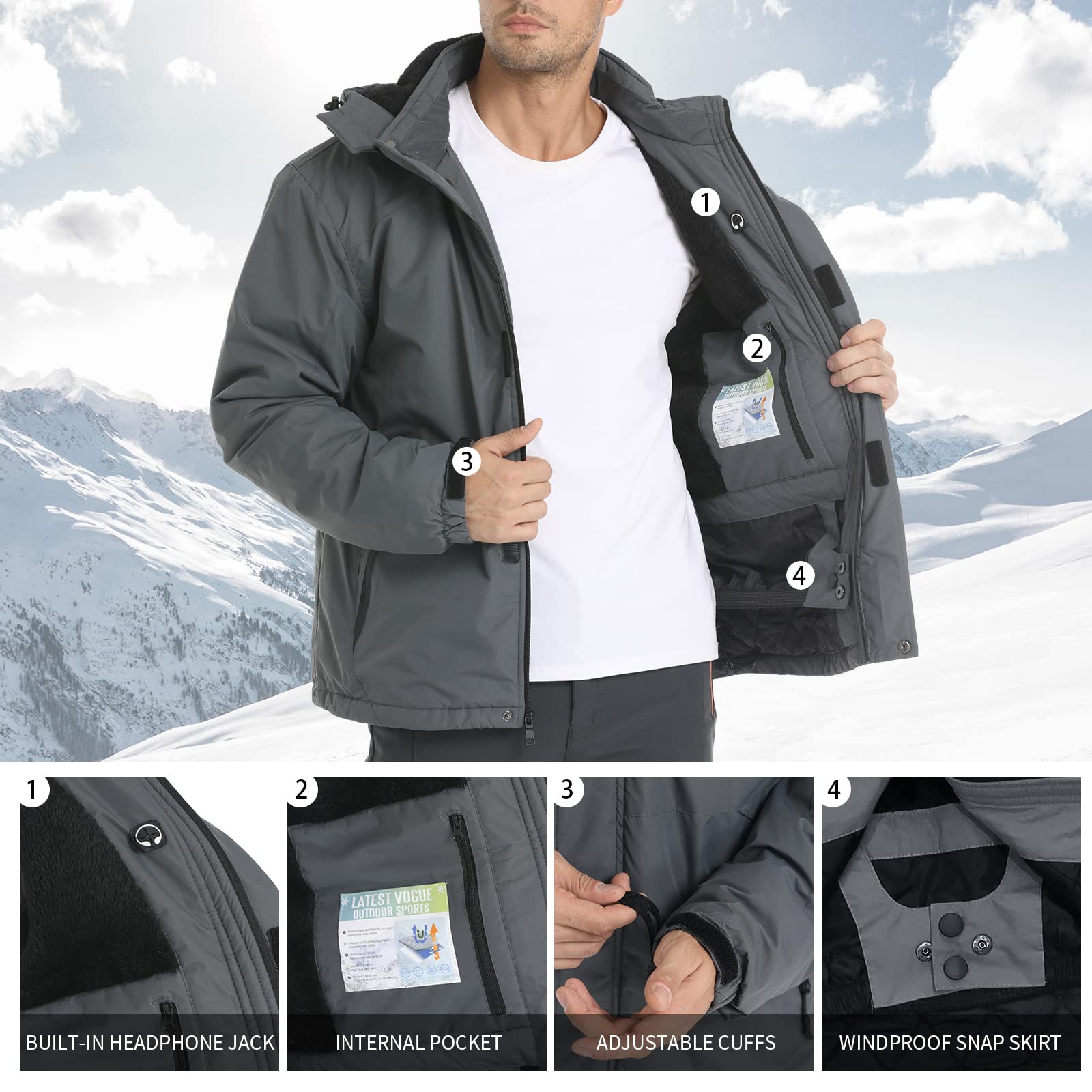 Dr.Cyril Men's Ski Jacket Waterproof Warm Winter Coat Detachable Hood Mountain Windproof Rain Jacket (2XL,Dark Grey)
