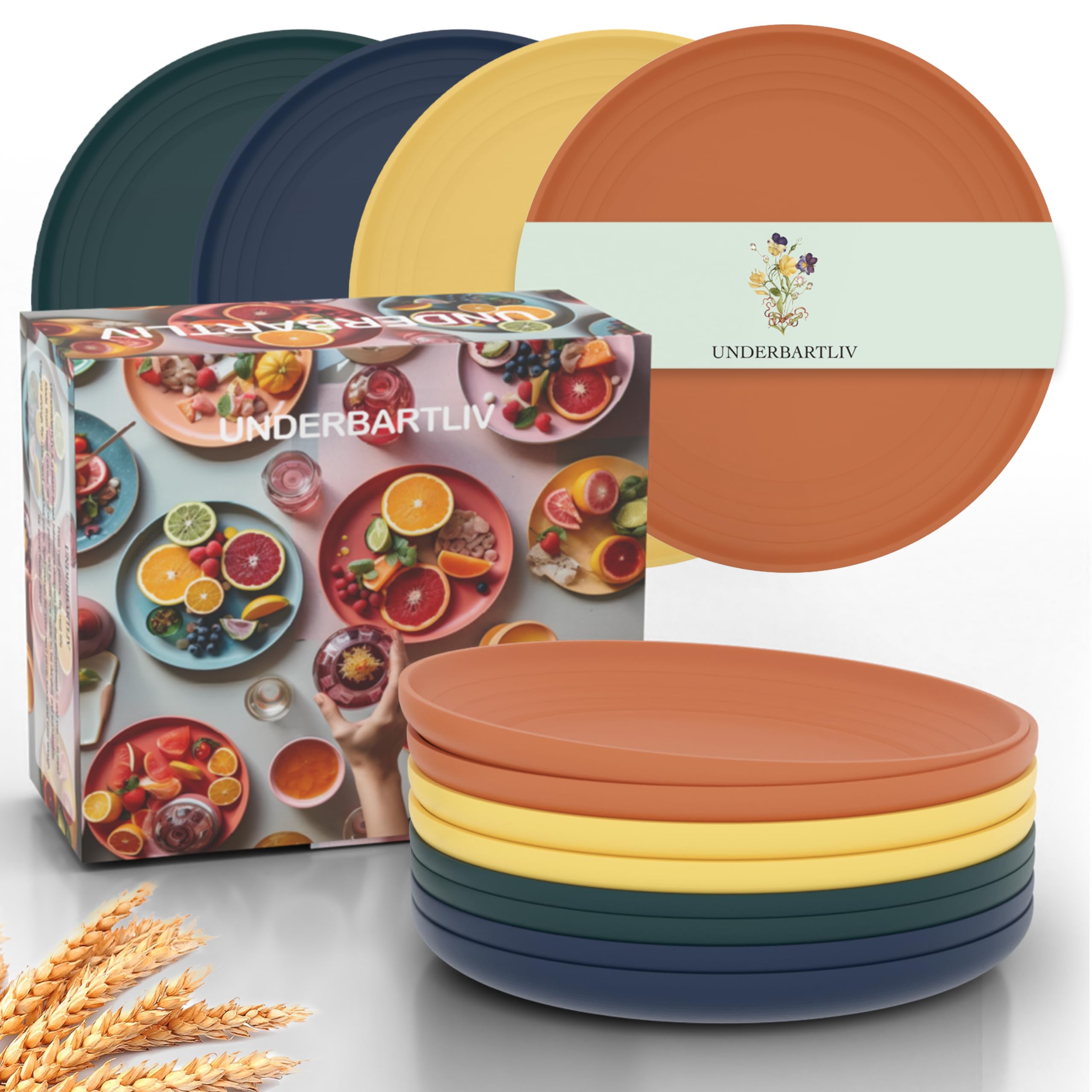 underbartliv Wheat Straw Plates,Alternative for Plastic Plates,9 Inch Unbreakable Kitchen Plates Set of 8,Dishwasher & Microwave Safe Dinner Plate Set Reusable, BPA Free,4 Color Designs