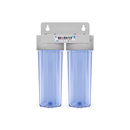 Max Water 10" 2 Stage Whole House Standard Home Water Filter System 3/4" Inlet Clear Filter Housing Variation, Supports 10" x 2.5" Water Filters (Clear, NO Filters)