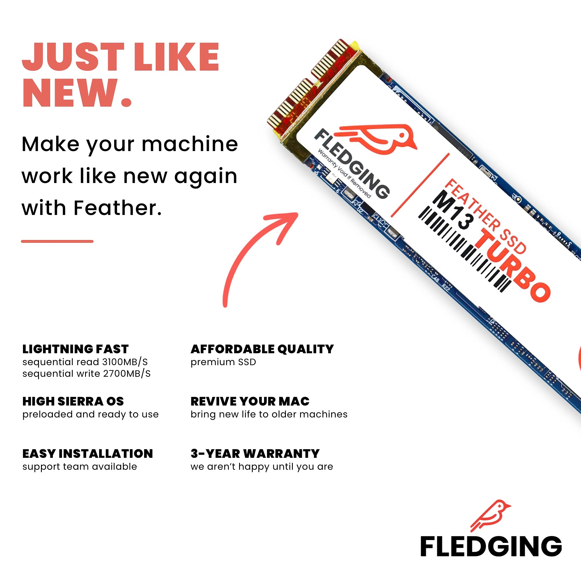 Fledging 512GB Turbo Feather M13 PCIe NVMe Gen 3.0x4 SSD Upgrade –DIY kit & OS included– Compatible with Apple MacBook Air (2013-2015) & Pro (2013-2016), Mac Mini (2013) & Pro (2014), iMac (2013-2019)