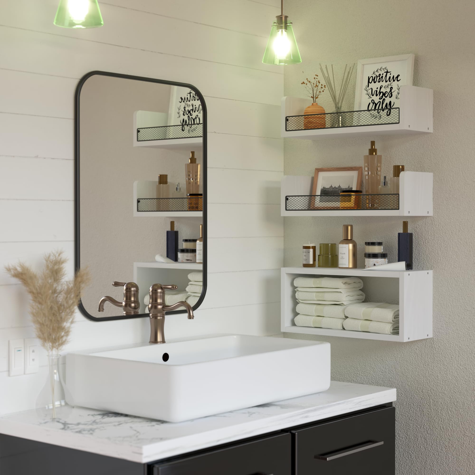 Dr.Wall White Floating Shelves with Wire Mesh Guardrail, Bathroom Shelves Over Toilet, Farmhouse Wood Wall Shelf, Wall Mount Bathroom Organizer, Bathroom Storage Shelves for Wall Décor - Modern White