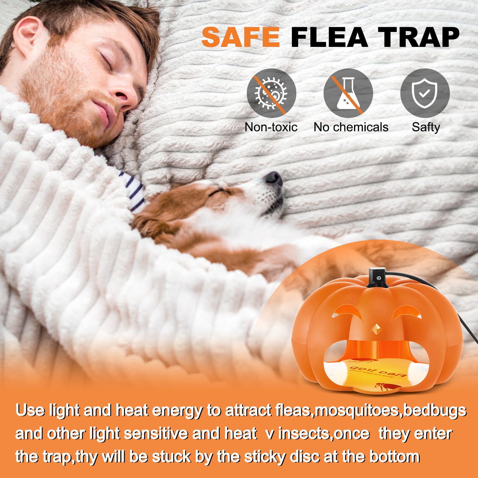 Qualirey 4 Pieces Flea Traps with 8 Sticky Disc 12 Bulbs 4 Electric Wires Pumpkin Flea Traps for Inside Your Home Safe Flea Light Trap for Indoor Safe to Pets